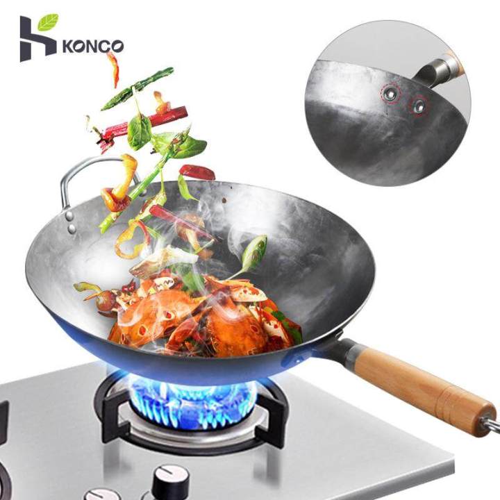 Konco Handmade Iron wok cooking Pot with long wooden handle Chinese ...