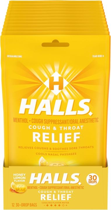 HALLS Relief Honey Lemon Cough Drops, 12 Packs of 30 Drops (360 Total ...