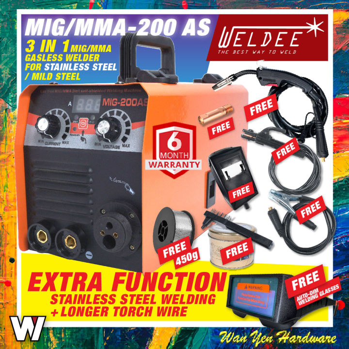 🔥Stainless Steel🔥 3 in 1 WELDEE MIG/MMA 200AS/AA Gas-less MIG / Gasless ...