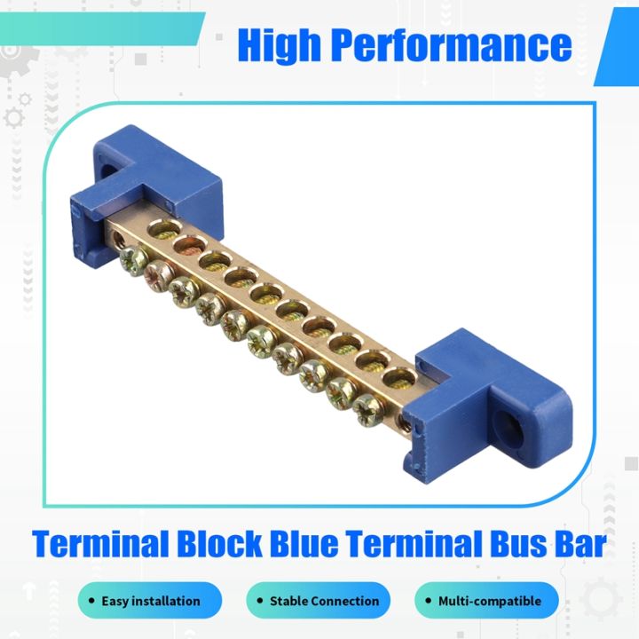 (RVJO) Terminal Block Blue Terminal Bus Bar 10 Positions Screw Brass ...