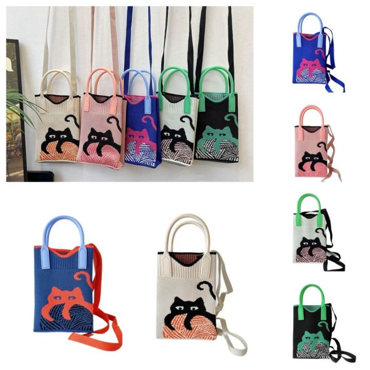 FUYONG โครเชต์ถักโครเชต์ กระเป๋าถือถักลายแมว มินิมินิ การ์ตูนลายการ์ตูน ...