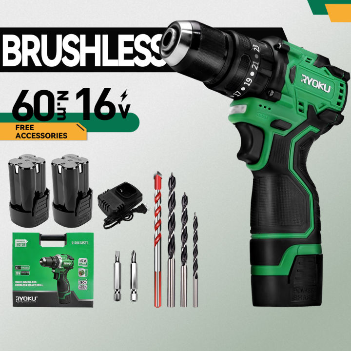 RYOKU 16V Brushless Cordless rechargeab Drill & Driver Combo, 10mm ...