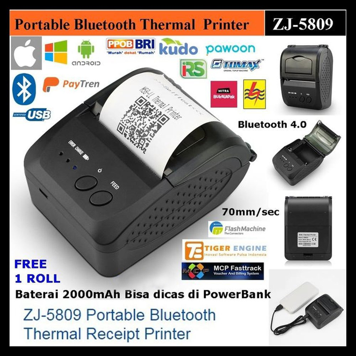 MINI PORTABLE BLUETOOTH THERMAL IWARE ZJ-5809 PRINTER PPOB/KASIR 58MM RPP02N VSC MP 58M PRO ...