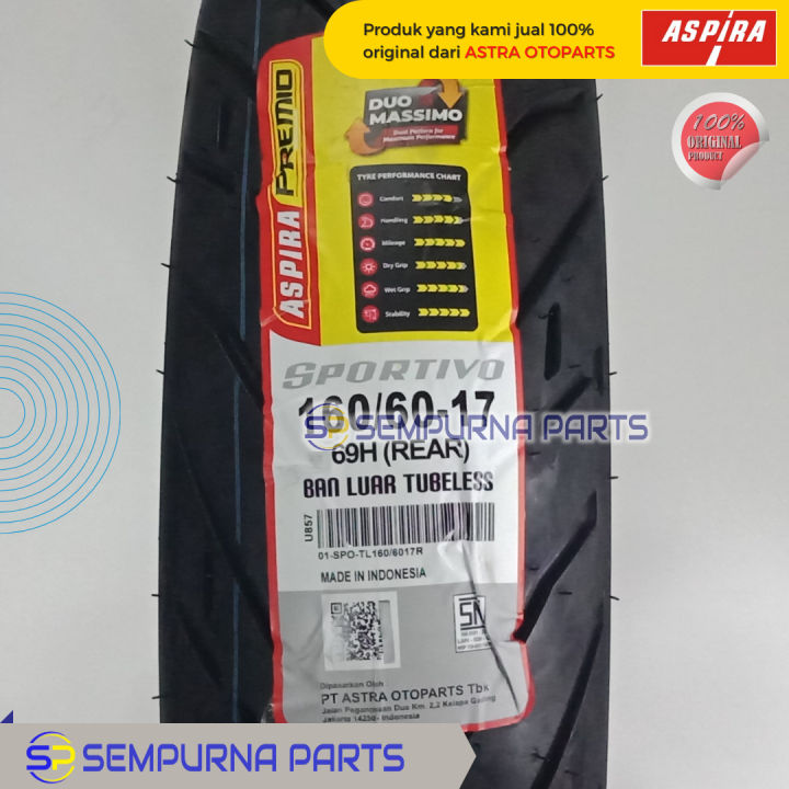 BAN LUAR TUBELESS SPORTIVO 160/60-17 69H (REAR/BELAKANG) - ASPIRA PREMIO | Lazada Indonesia