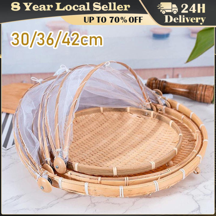 Bamboo Woven Basket Food Serving Tray Fruit Vegetable Bread Mesh Cover ...