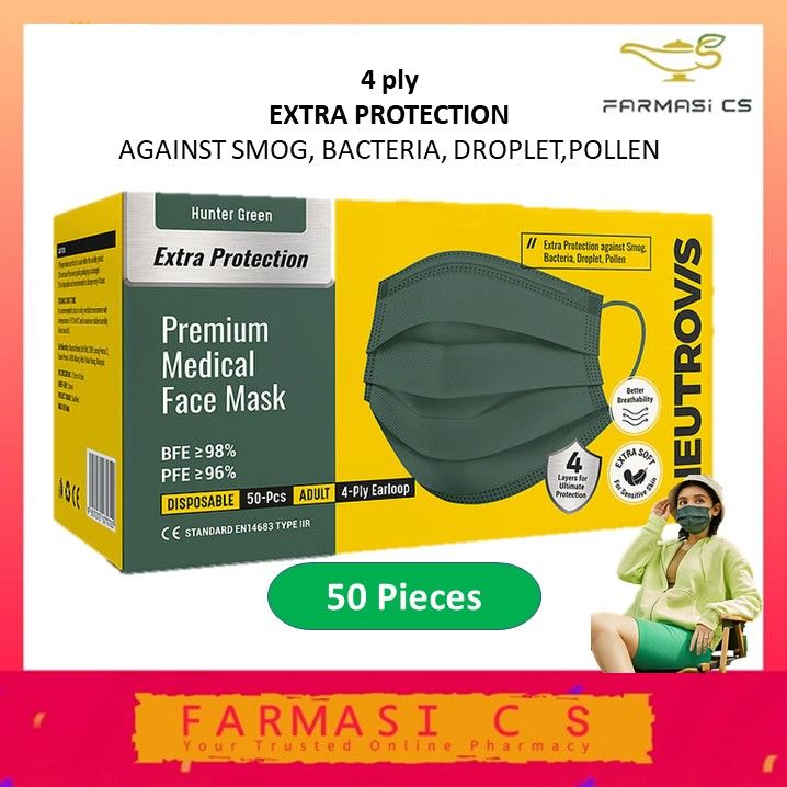 Neutrovis 4 PLY Ear Loop Premium Medical Face Mask ( Hunter Green ) 50 ...