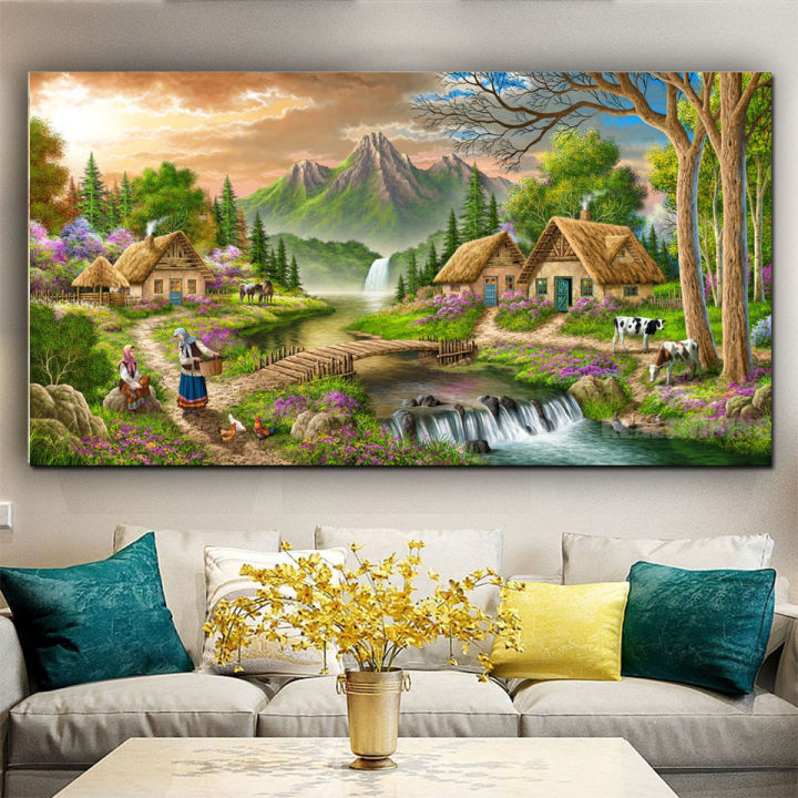 Cottage Mountain Countryside Landscape Canvas Painting House Decoration ...