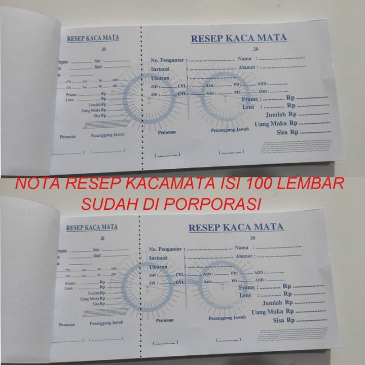Nota RESEP Pembelian Kacamata Plus Minus Cylinder Frame isi 100 Lembar ...