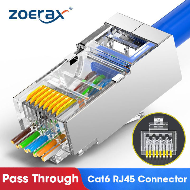 ZoeRax Pass Through RJ45 Connector, Cat6 Cat6a 30u Gold Plated Shielded EZ Modular Plug 1.2mm ...