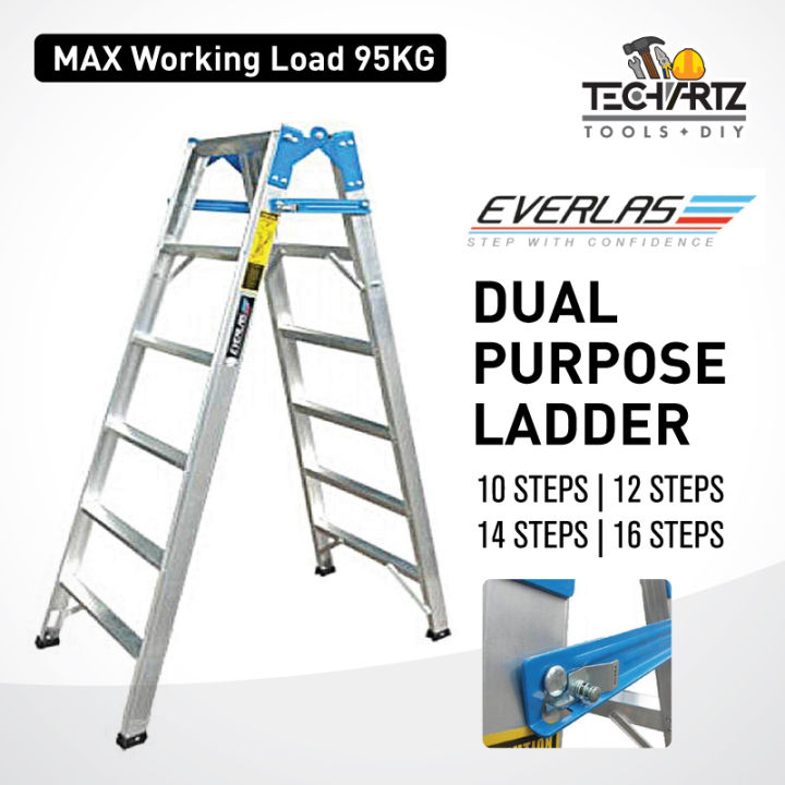 Everlas Dual Purpose Ladder Aluminium Ladder - Silver 10/12/14/16 Steps Ladder | Heavy Duty ...