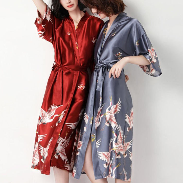 Women Long Bathrobes Pajamas Animal Printed Comfortable Silk V Neck ...
