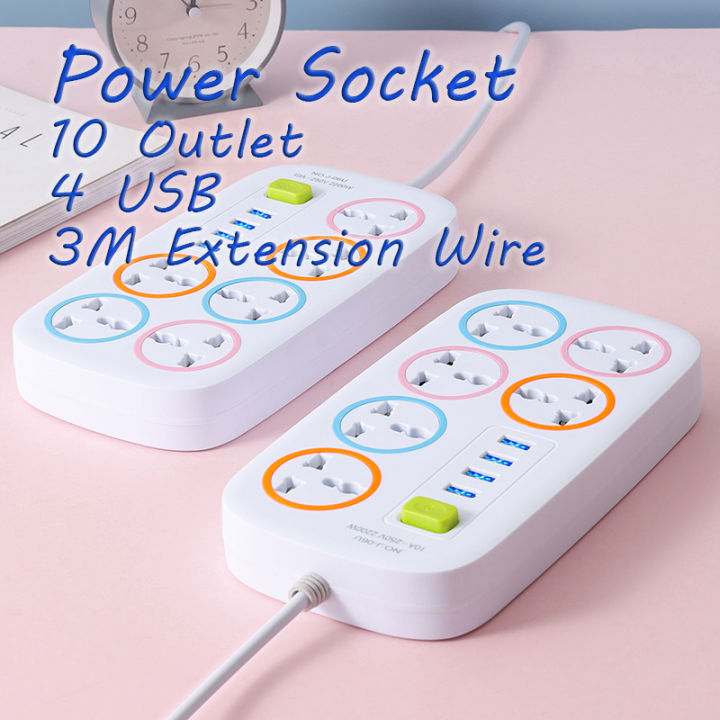Power Socket with 10 Outlet 4 USB 3M Extension Wire Power Strip ...