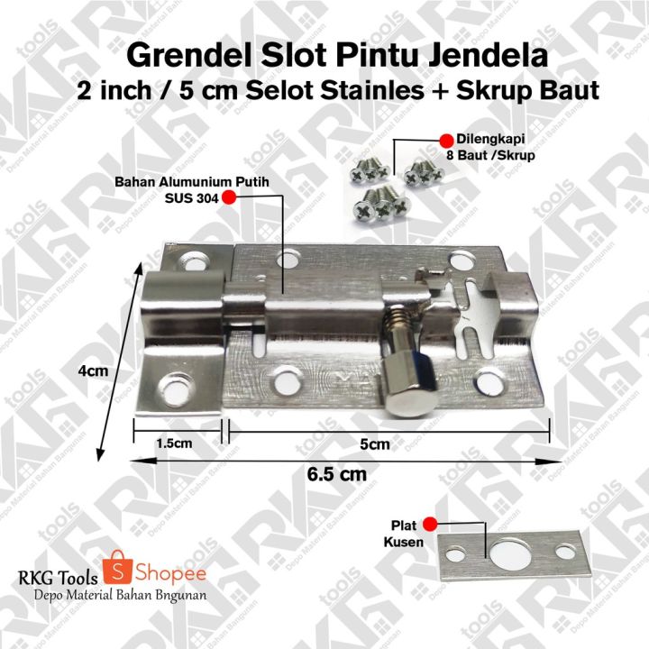 Grendel Slot Pintu Jendela 2 Inch / 5 cm l Selot Stainles + Skrup Baut ...