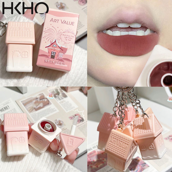 HKHO พวงกุญแจบ้านน่ารักลิปกลอสด้าน6สีหมอกโคลนลิปสีนู้ดกันน้ำแต่งหน้า ...