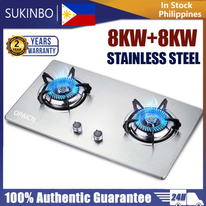 SUKINBO 8KW Stainless Steel Gas Stove Built-in /Tabletop Double Burner ...