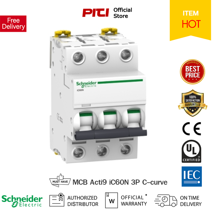 Schneider MCB A9F74363 63A 3P 10kA Acti9 iC60N เซอร์กิตเบรกเกอร์ 3โพล ชนิด C-curve Miniature ...
