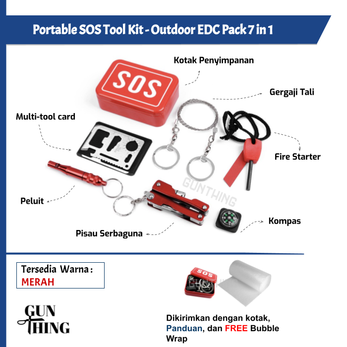 SOS Tool Kit Portable / EDC Pack 7 in 1 / Outdoor Survival Kit Lengkap ...