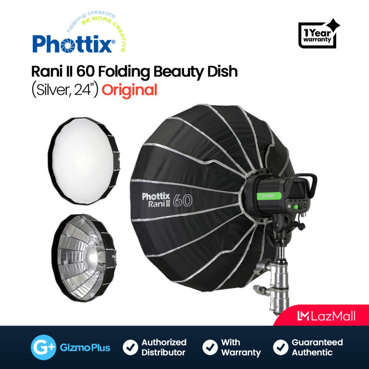 Phottix Rani II 60 Folding Beauty Dish (60cm, 24", Silver, 16 Rod ...