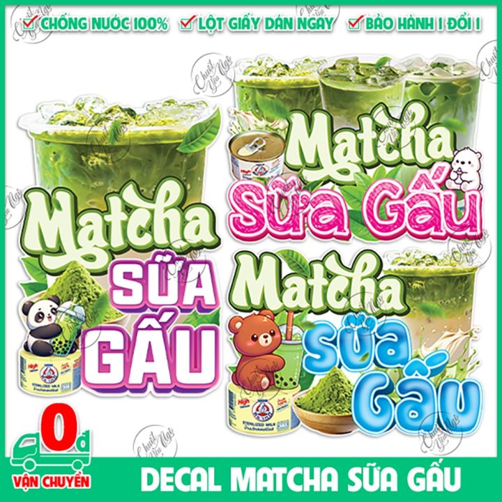 Hình dán MATCHA SỮA GẤU decal trang trí trà xanh sữa tươi decor quán ...
