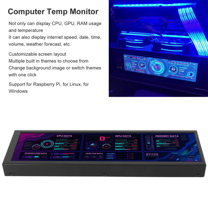 Computer Temp Monitor Adjustable Brightness PC Sensor Panel Display 8.8in IPS for Desktop ...