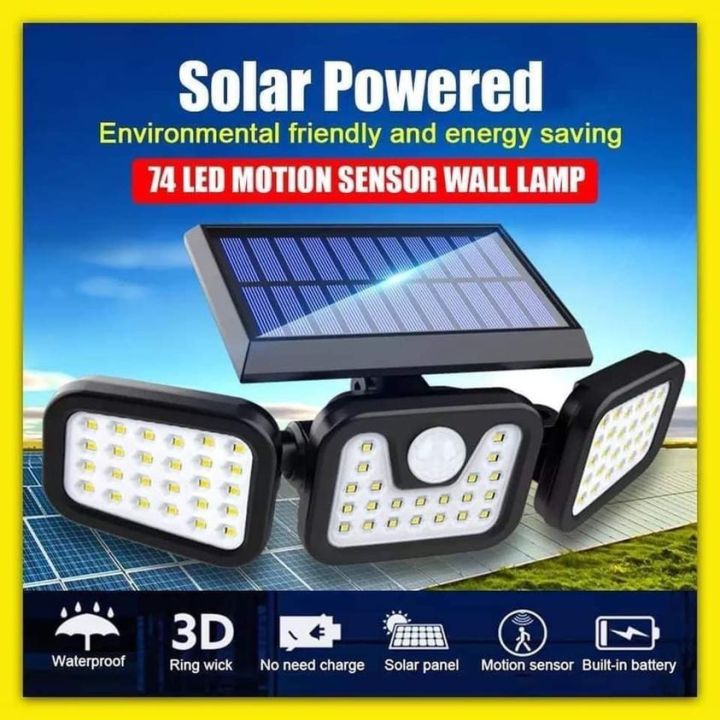 3-HEADS ROTATABLE 74 LED Solar Split Lamp Motion Sensor Wall Garden ...