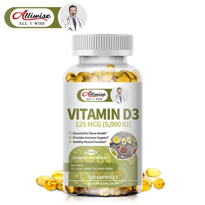 Alliwise Vitamin D3 5000 IU (125 mcg) Dietary Supplement for Bone ...