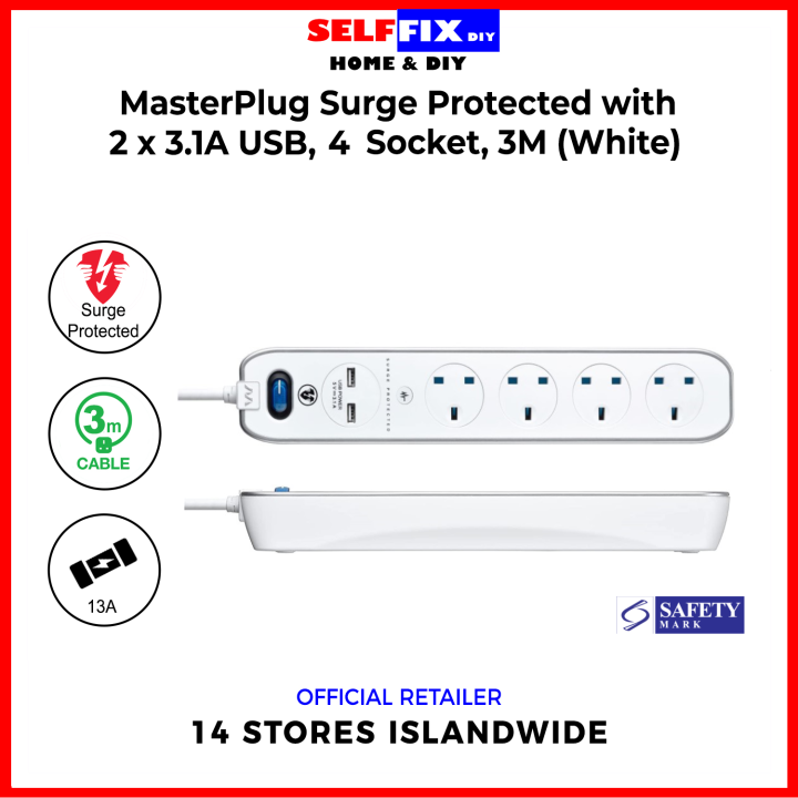Masterplug 4 Socket w/ 2 x USB (3.1A) Port w/ Surge Protect Extension ...