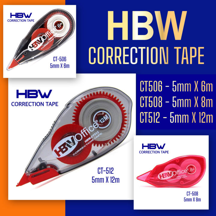 HBW Correction Tape 6mm, 8mm, 12mm by 5 meters CT506, CT508, CT512 ...