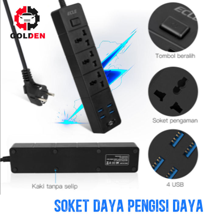 Stop Kontak / Power Strip 3 Socket 4 USB port 3.1A 2m/2500W Panjang Kabel 2 Meter Stop Kontak ...