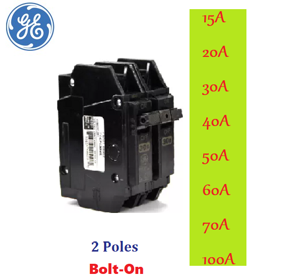GE Electric Circuit Breaker Bolt-On 2 Poles 15Amp - 100 Amp Plug In TQC 15a 20a 30a 40a 50a 60a ...