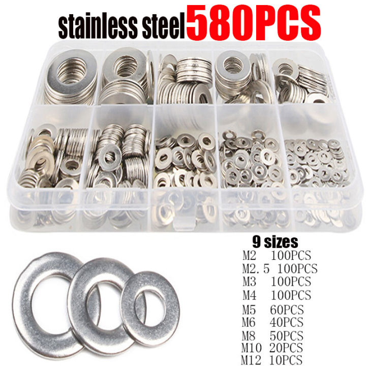 580pcs Stainless Steel Washer Plain Washer Kit Screw Fastener Hardware ...
