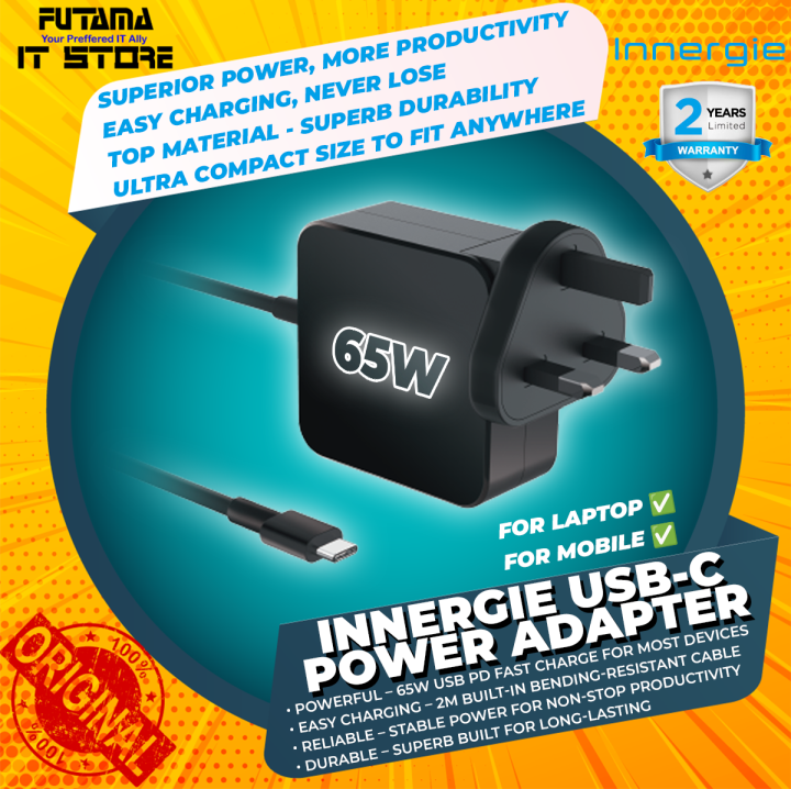 Innergie 65C (BK) USB-C Power Adapter - 65W USB PD/2m Built-in cable ...