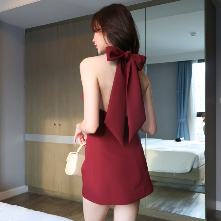 Lism D-093 ชุดเดรสสั้นผูกคอโบว์ | Lazada.co.th