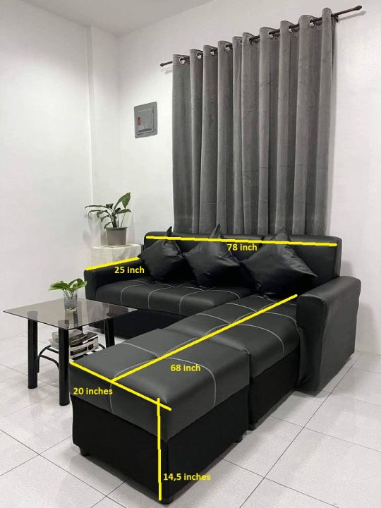 sala set L shape black leather sofa with glass table uratex foam / cash ...