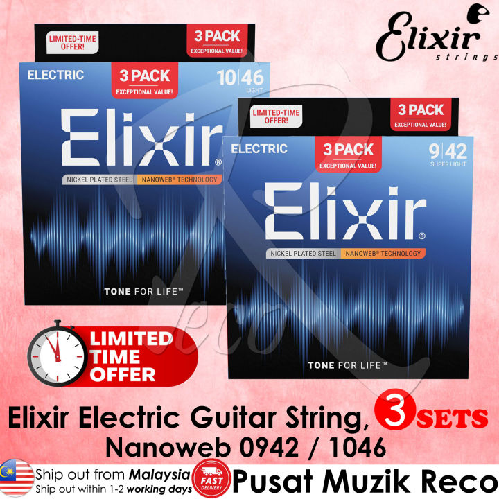 Elixir 3 Pack Nanoweb Coated Electric Guitar String SET 0942 1046 Light ...