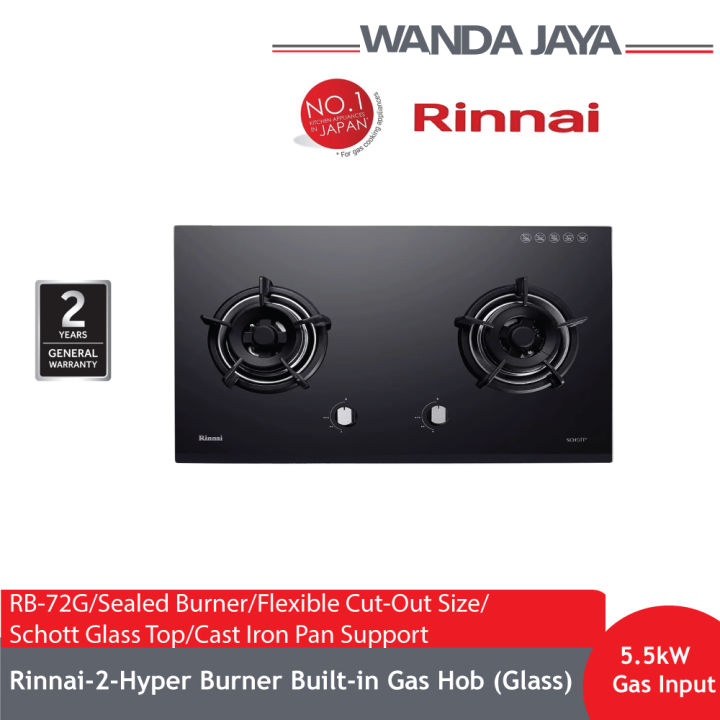 RINNAI 2-Hyper Burner Built-in Gas Hob (Glass) RB-72G | Lazada