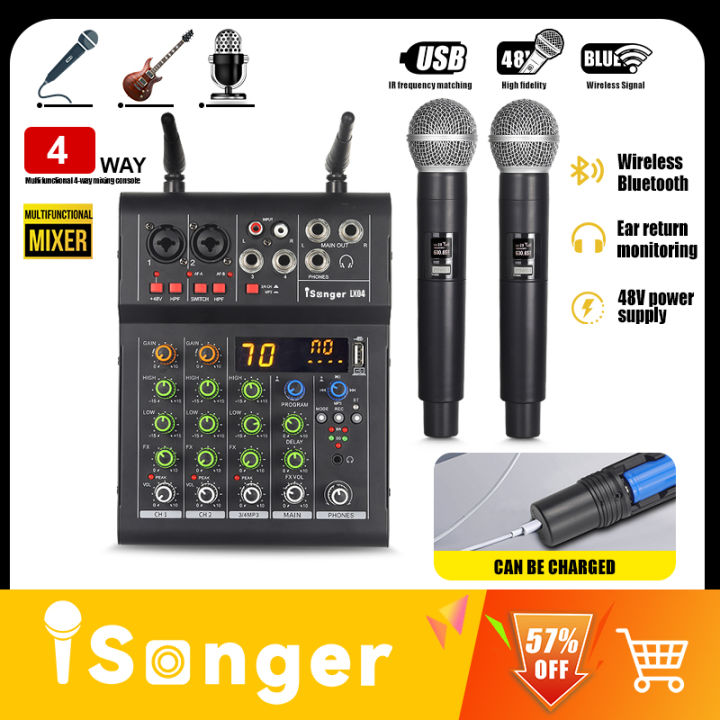 Professional audio mixer, wireless dual microphone USB 48V mixer, 4 ...