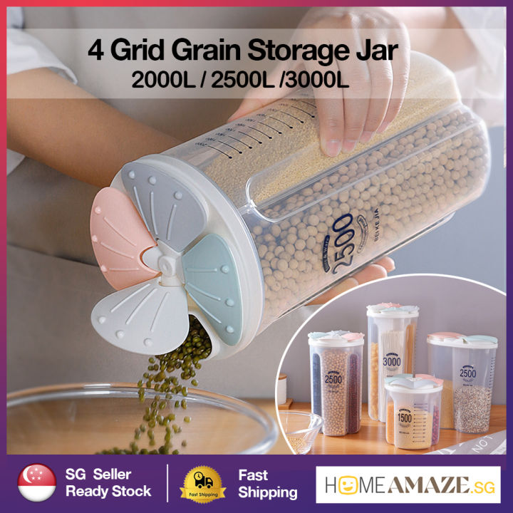4 Grid Grain Storage Jar Kitchen Storage Box Dry Food Rice Container ...