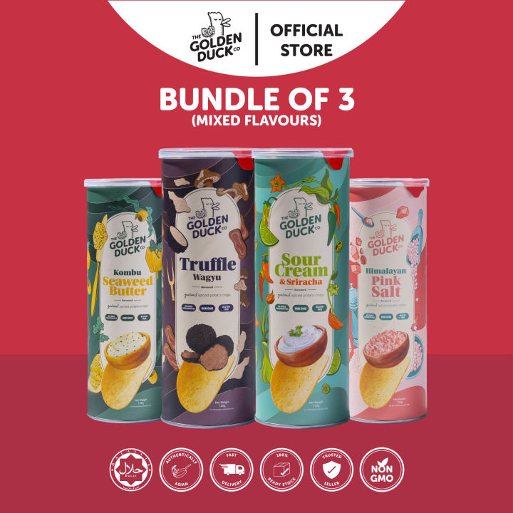 BUNDLE OF 3 The Golden Duck Spiced Potato Crisps Gourmet Chip Canister ...