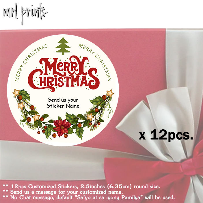 Merry Christmas Wreath Sticker Label Gift Tag Customized Name Merry ...
