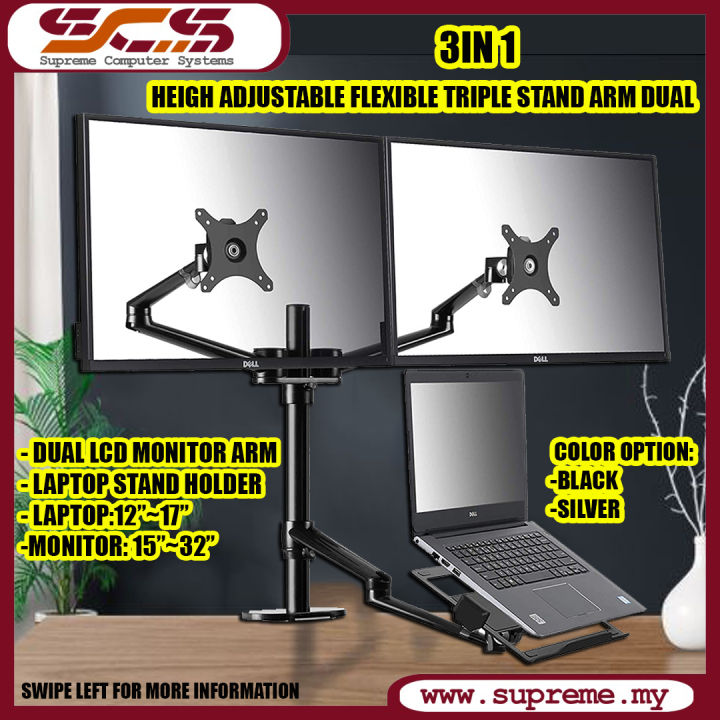 3in1 Aluminum Alloy Ergonomics Dual Monitor Arm 15"-32" &Single Laptop ...