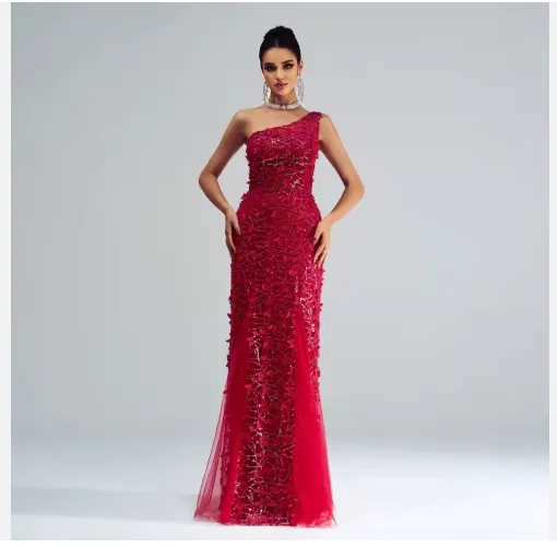 Gaun Malam Panjang Maxi A-Line Hitam Berpayet, Tanpa Bahu, Seksi ...