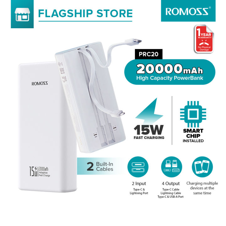 Romoss PRC20 20000mAh powerbank 15W Built In Dual Cable Charging Power ...