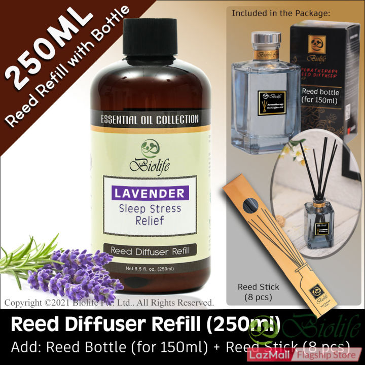 Biolife Lavender scent Reed Diffuser Refill (250ml) with glass reed diffuser and reed stick ...