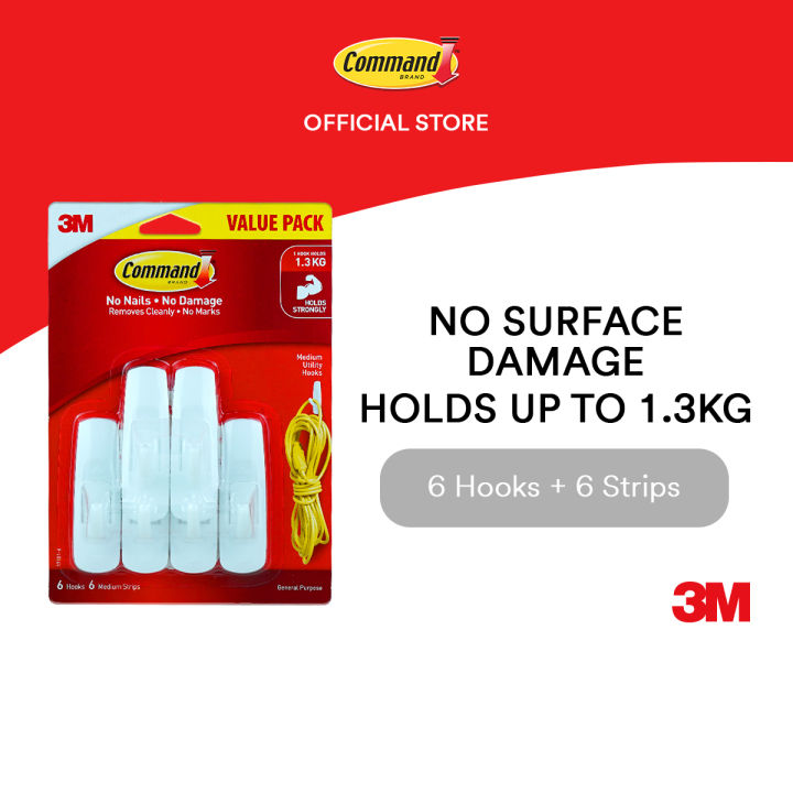 3M™ Command™ Medium Utility Hooks 17101-6, 6 Hooks + 6 Medium Strips Holds up to 1.3KG | Lazada PH