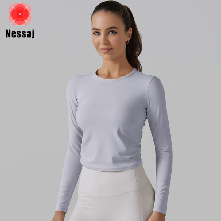 เสื้อแขนยาวกีฬา Nessaj คอกลมผู้หญิงเสื้อตัวบางท่อนบนออกกำลังกายโยคะเสื้อผ้าออกกำลังกายยางยืด ...