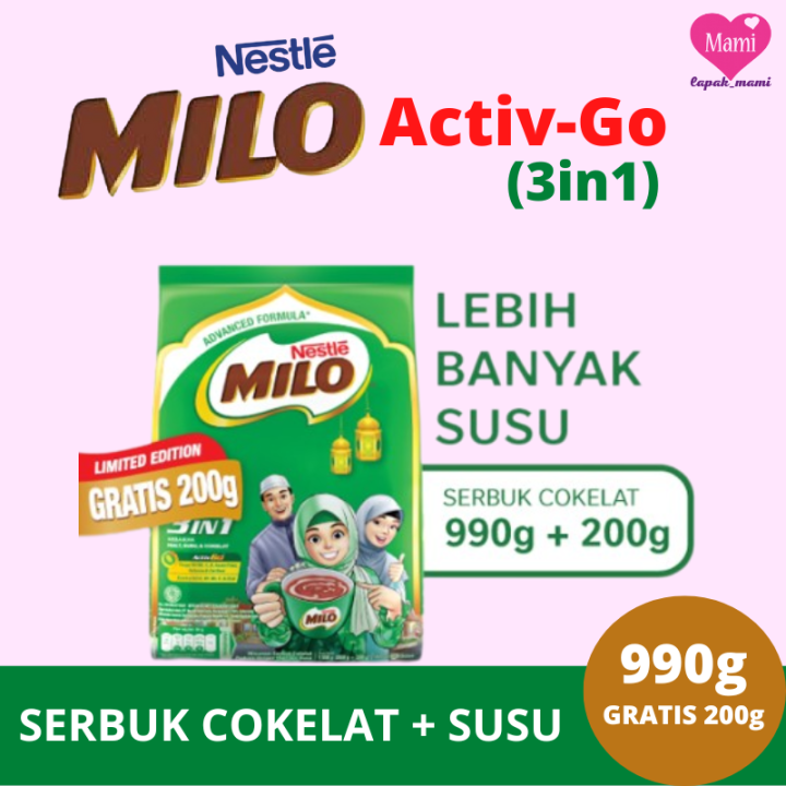 MILO 3in1 ACTIV-GO Minuman Serbuk Cokelat Dengan Ekstrak Malt (Barli) dan Susu 990g | Lazada ...