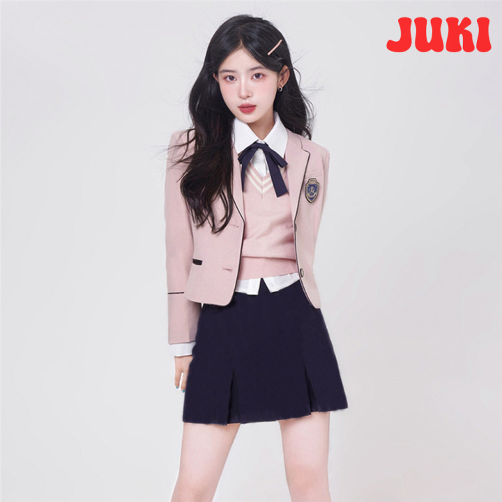 JUKI ชุดสูทสีชมพูสไตล์มหาลัย,ชุดสูทเครื่องแบบ JK เกาหลีเสื้อฤดูใบไม้ผลิ ...