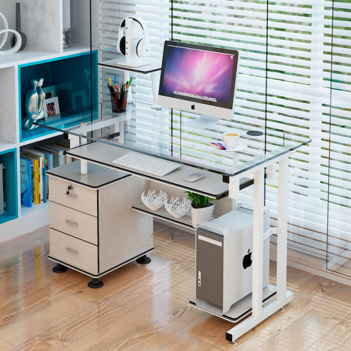 Desk tempered glass desktop computer desk with drawer home bedroom ...