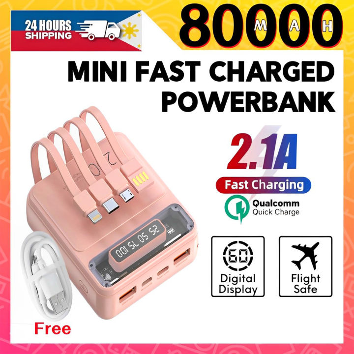 Mini power bank 800000mah fast charging powerbank with built in cord ...